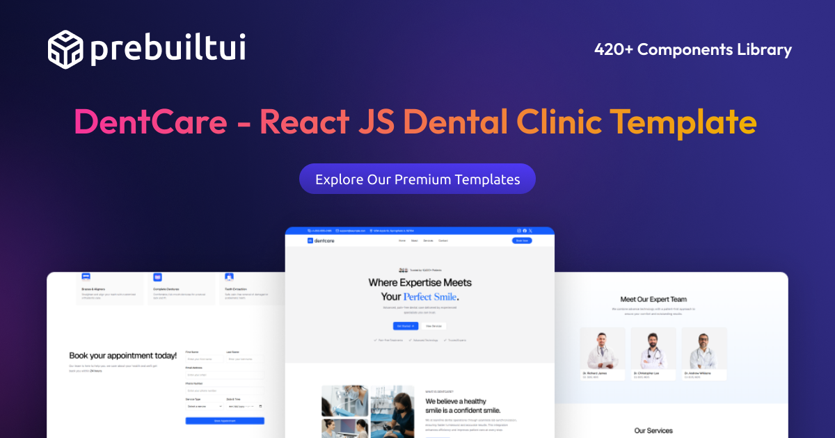 DentCare - React JS Dental Clinic Template by PrebuiltUI