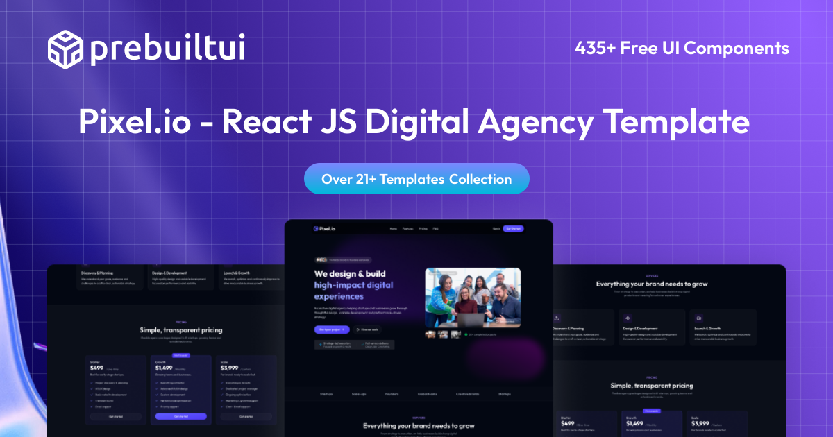 Pixel.io - React JS Digital Agency Template by PrebuiltUI